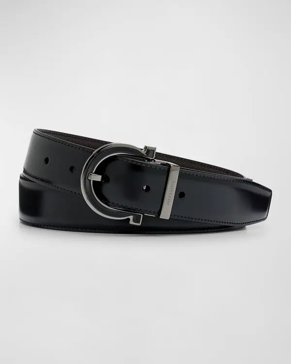 FERRAGAMO Reversible Gancio-buckle Leather Belt - Nero T.moro