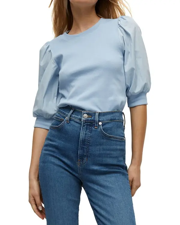 Veronica Beard Puff-sleeve Cotton Tee - Lake Blue