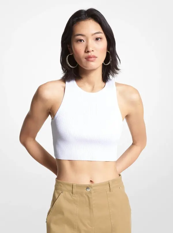 Michael Kors Ribbed Recycled Viscose Blend Cropped Tank Top In Size By - White