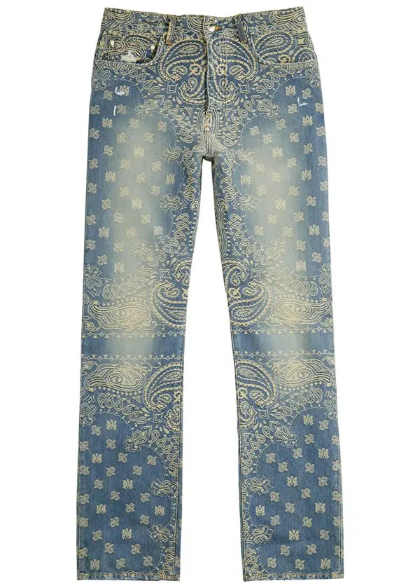 Amiri Bandana-Jacquard Straight-Leg Jeans - Blue | Editorialist