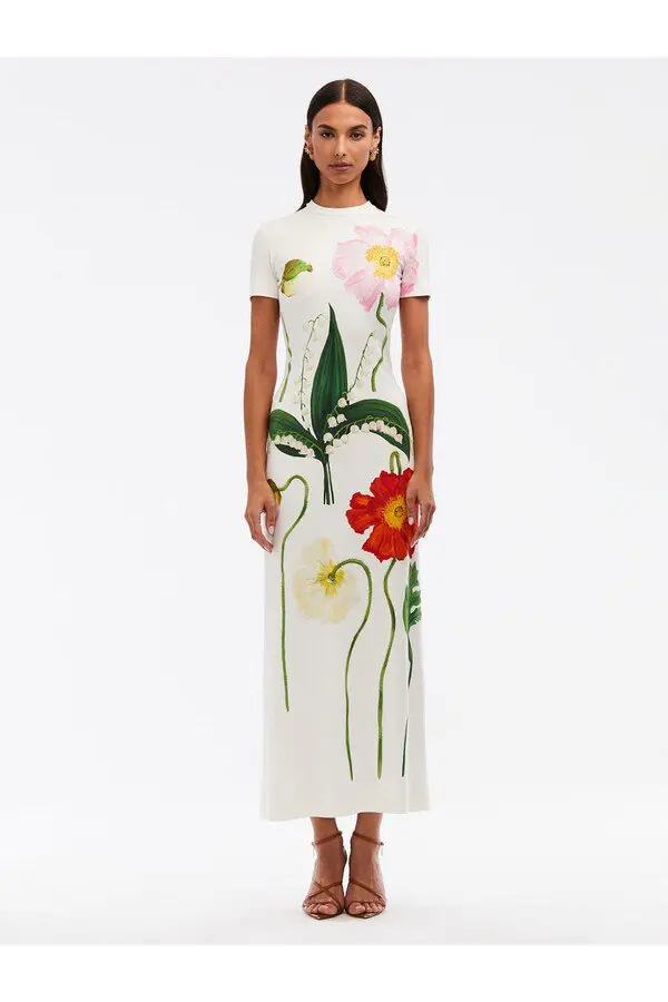 Oscar De La Renta Painted Poppies &Amp Lily Jersey Dress In