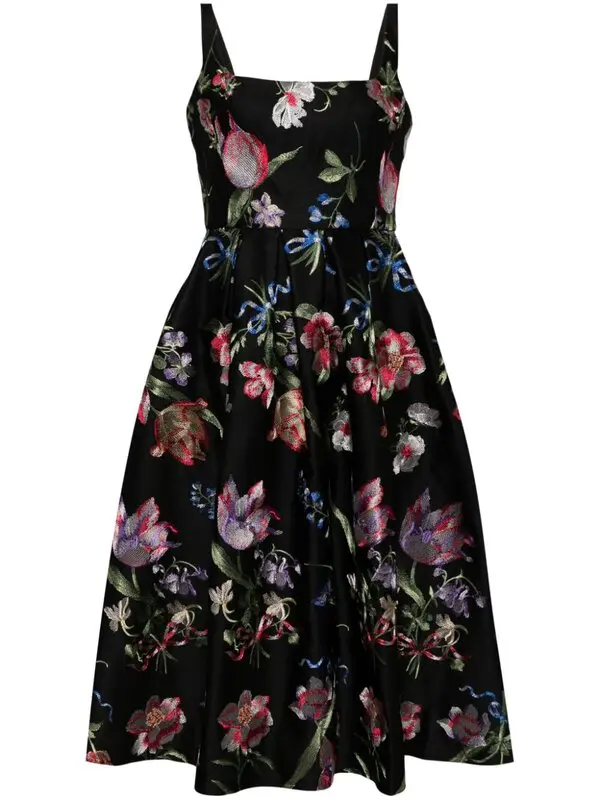 Marchesa Floral Embroidered Midi Dress