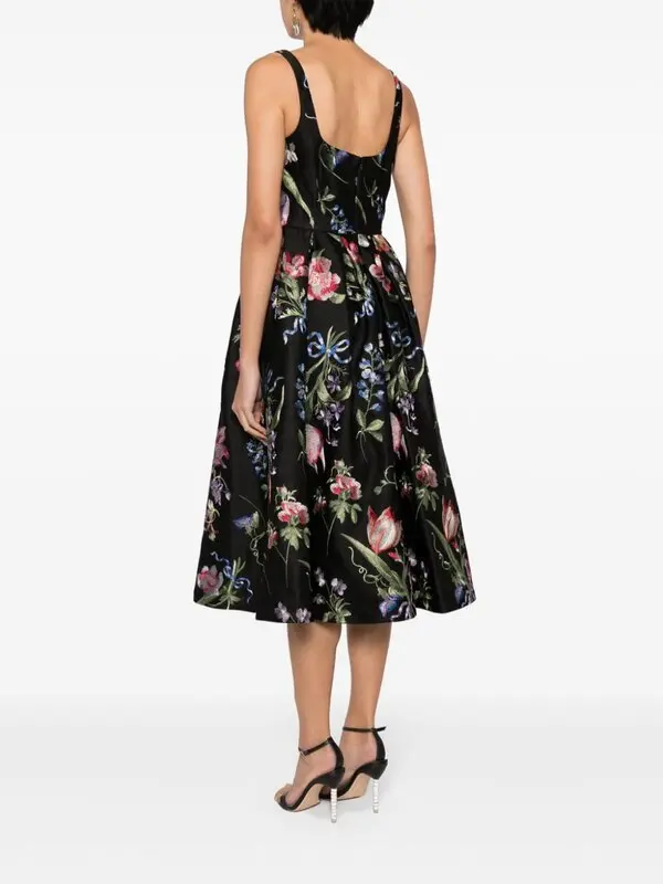 Marchesa Floral Embroidered Midi Dress