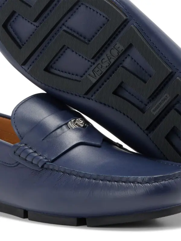 blue versace dress shoes VERSACE || Royal Blue Leather Loafers with Signature Gold Buckle  FASHION  MYST