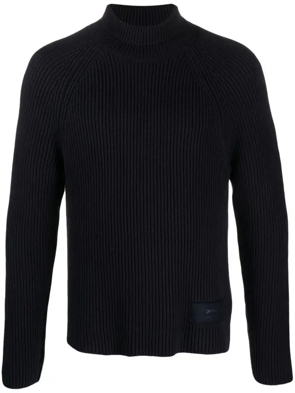 AMI Paris Logo-patch Ribbed-knit Jumper - Blue