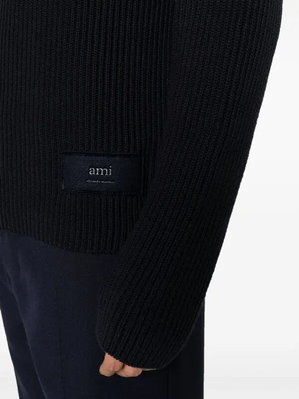AMI Paris Logo-patch Ribbed-knit Jumper - Blue