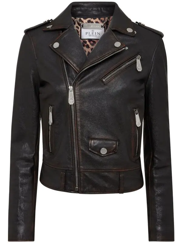 Philipp Plein Logo-patch Leather Biker Jacket - Black