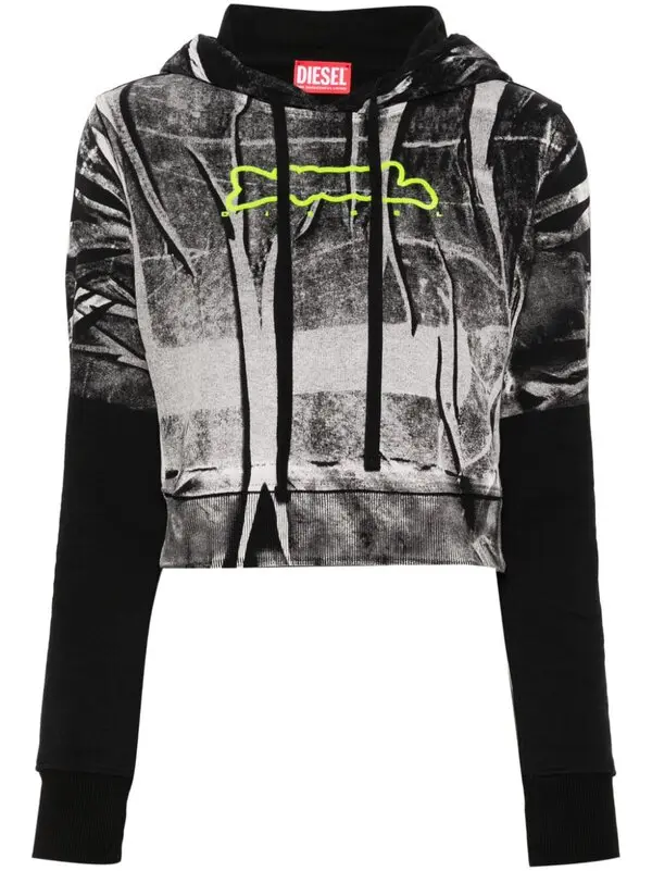 DIESEL® Cropped Hoodie With Marbled Print And Flocked Logo - Black
