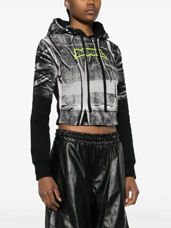 DIESEL® Cropped Hoodie With Marbled Print And Flocked Logo - Black