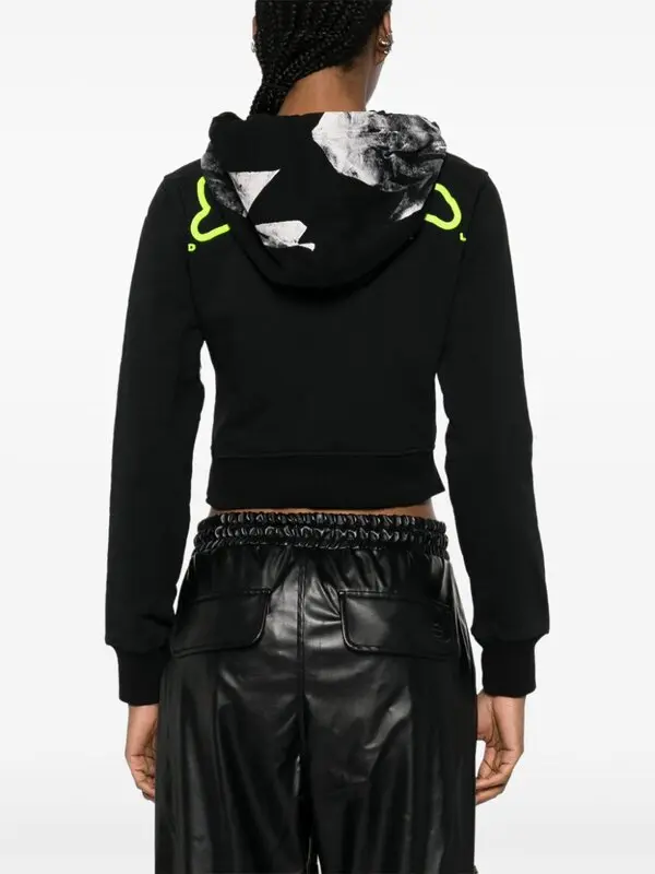 DIESEL® Cropped Hoodie With Marbled Print And Flocked Logo - Black