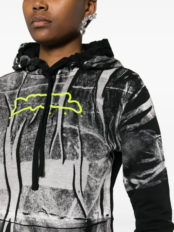 DIESEL® Cropped Hoodie With Marbled Print And Flocked Logo - Black