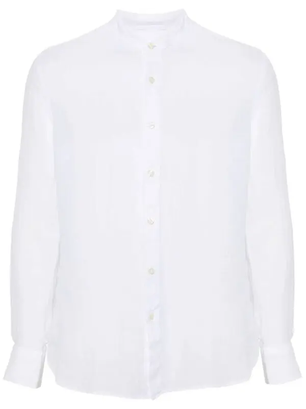 120% Lino Band-collar Linen Shirt - White