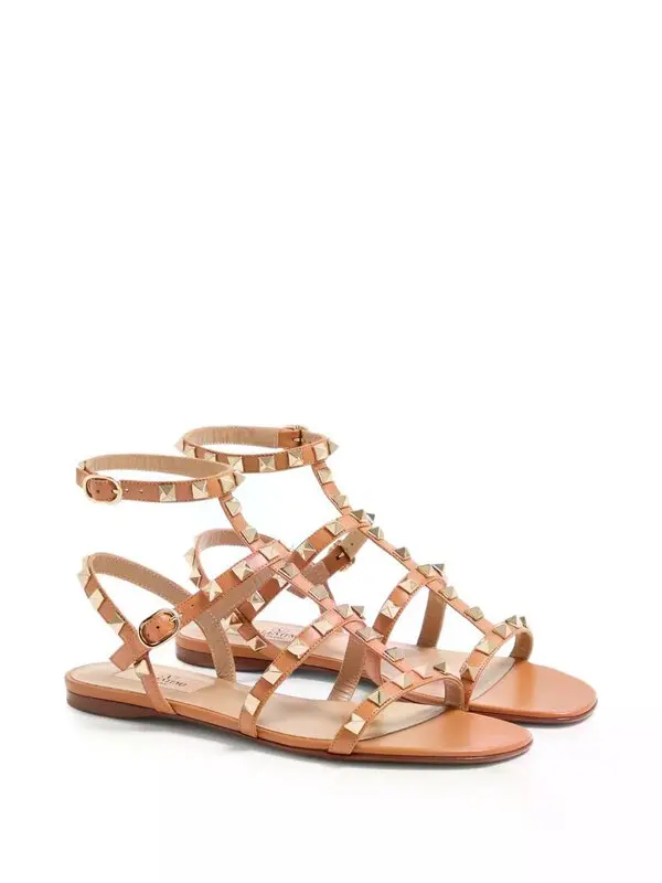 Valentino Garavani Rockstud Flat Calfskin Sandals - Brown