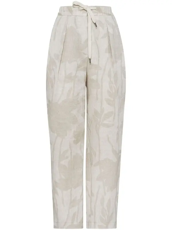 Brunello Cucinelli Floral-jacquard Linen Trousers