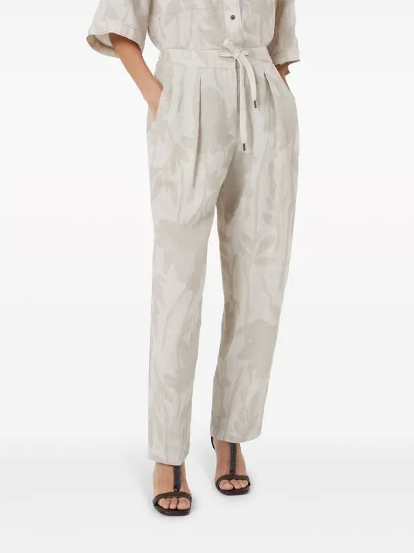 Brunello Cucinelli Floral-jacquard Linen Trousers