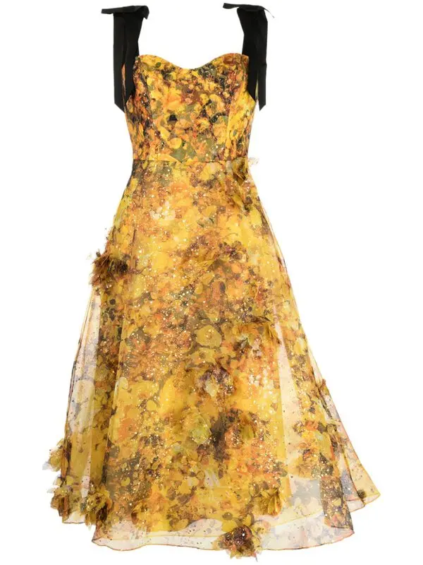 Marchesa Foiled Garden Midi Dress In Gold - 60% Off | Editorialist