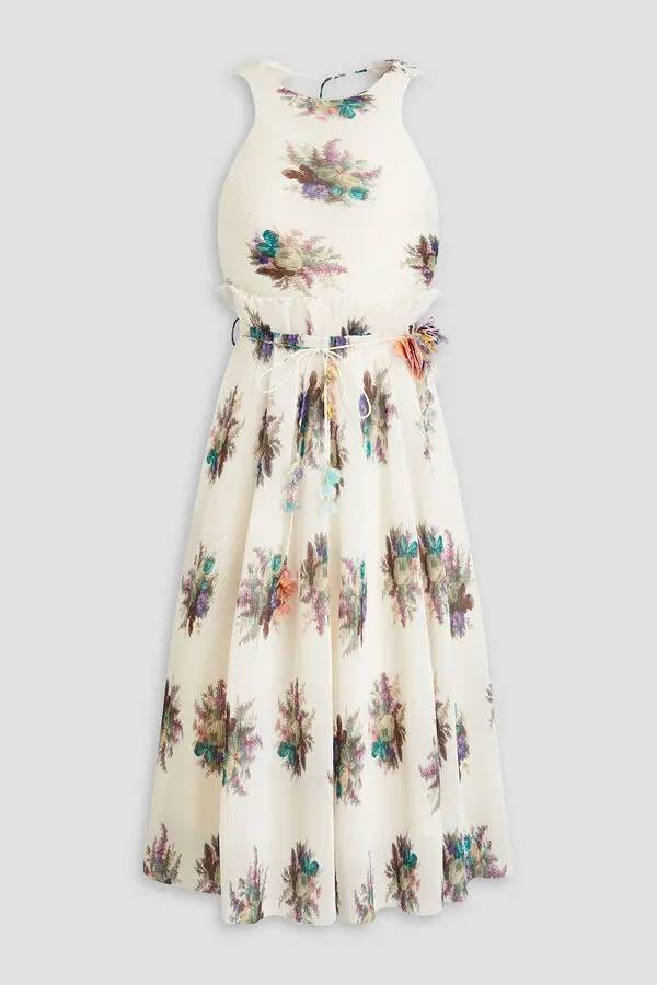 Zimmermann Floral-print Plissé-organza Midi Dress - Ivory