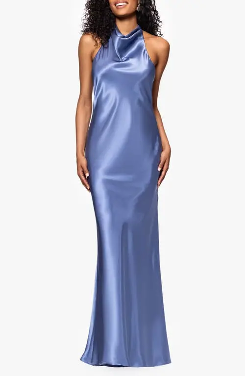 Betsy & Adam Halter Charmeuse Gown - Blue