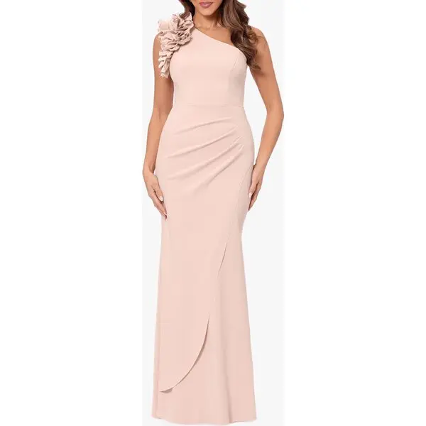 XSCAPE EVENINGS Ruffle One-shoulder Scuba Crepe Gown - Blush