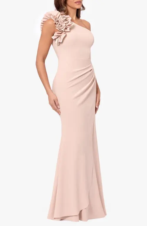 XSCAPE EVENINGS Ruffle One-shoulder Scuba Crepe Gown - Blush