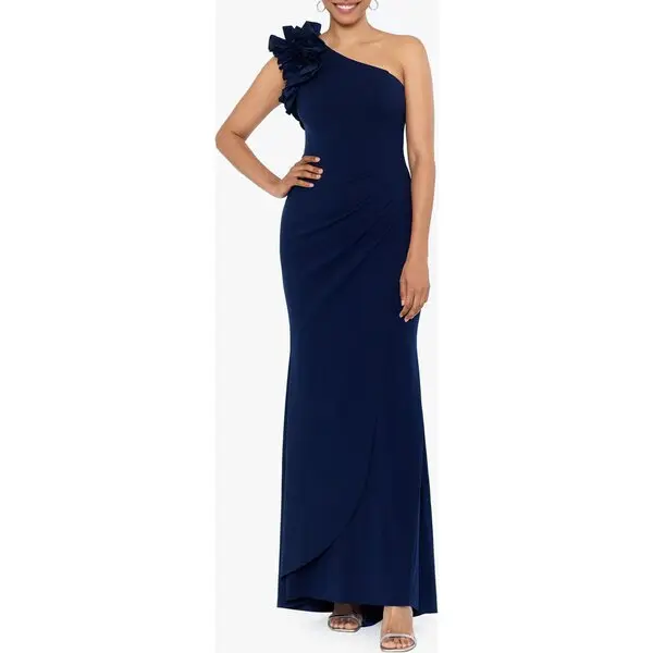 XSCAPE EVENINGS Ruffle One-shoulder Scuba Crepe Gown - Navy