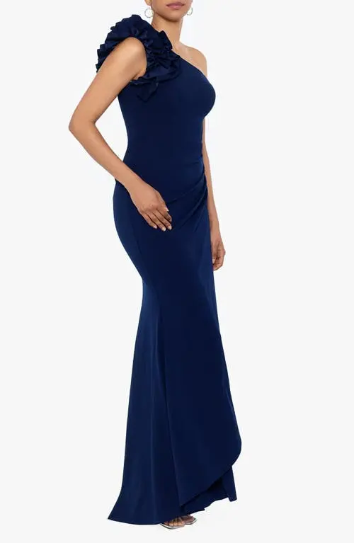 XSCAPE EVENINGS Ruffle One-shoulder Scuba Crepe Gown - Navy