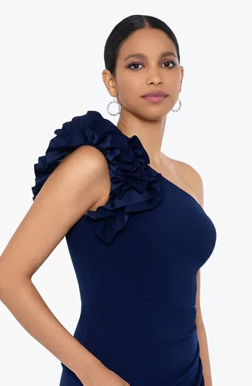 XSCAPE EVENINGS Ruffle One-shoulder Scuba Crepe Gown - Navy