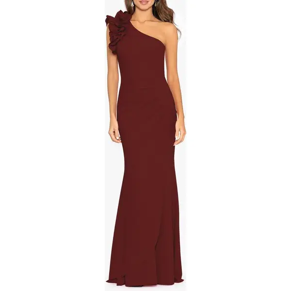 XSCAPE EVENINGS Ruffle One-shoulder Scuba Crepe Gown