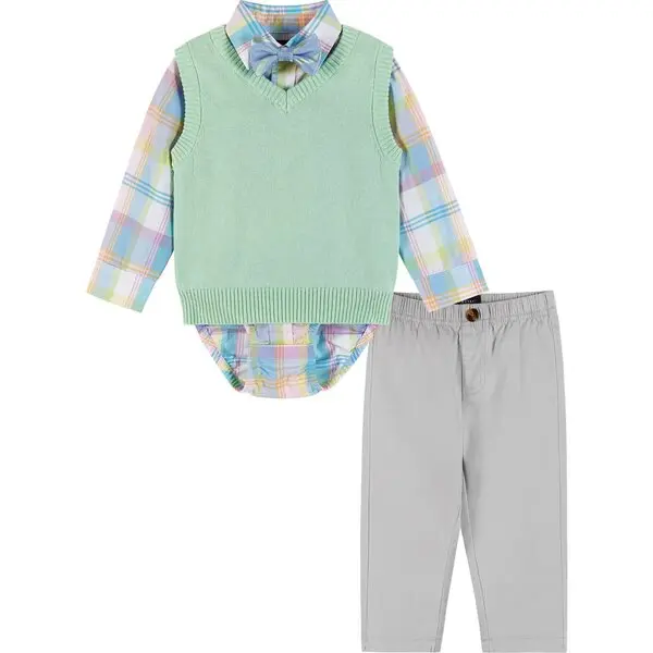 Andy & Evan Plaid Bodysuit And Sweater Vest Set - Light Green Plaid
