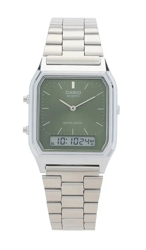 Casio Watch With Stainless Steel Band - Metal Silver & Green