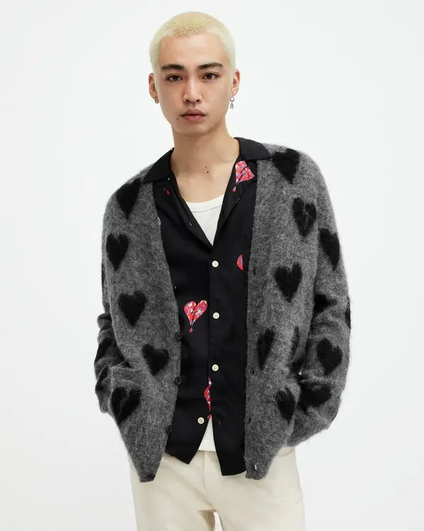 Allsaints Amore Heart Motif Relaxed Fit Cardigan In Grey/Black
