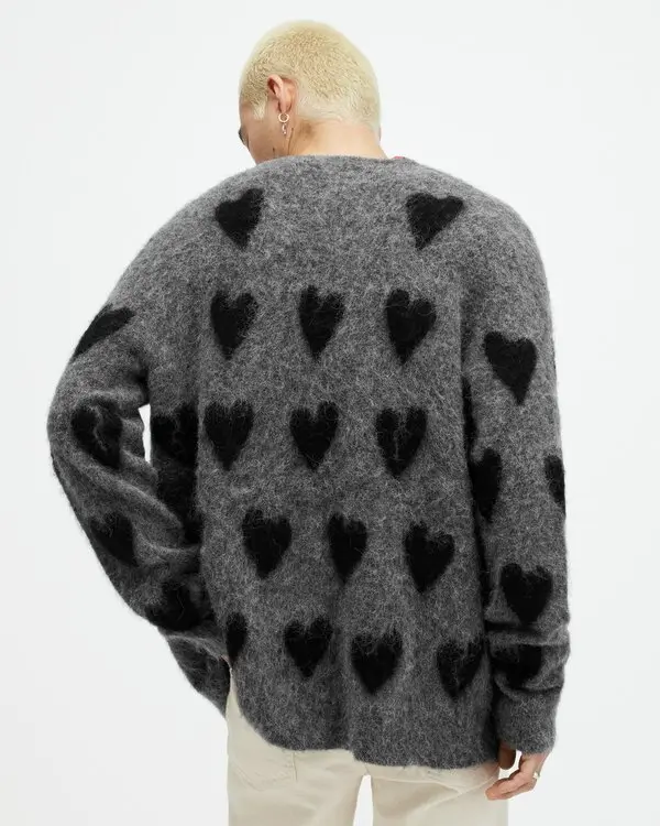 Allsaints Amore Heart Motif Relaxed Fit Cardigan In Grey/Black