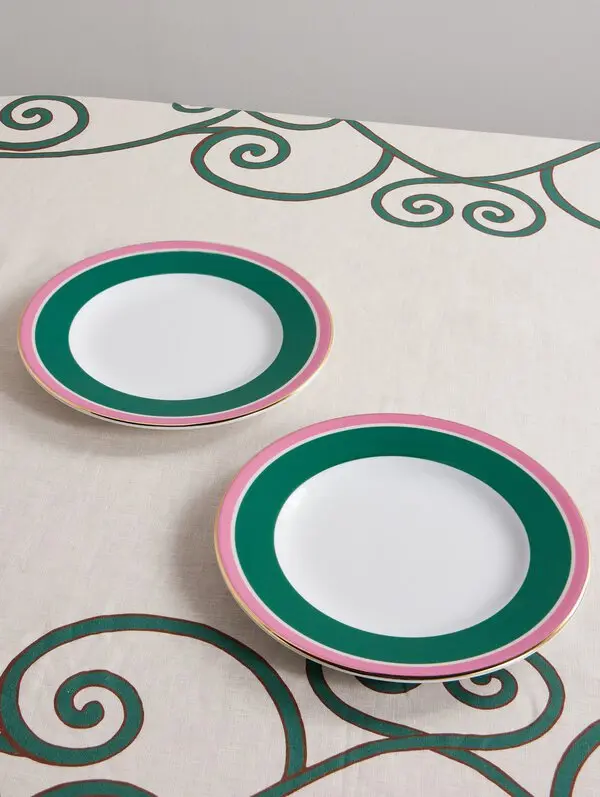 La DoubleJ Set Of Two 26cm Printed Gold-plated Porcelain Dessert Plates - Green