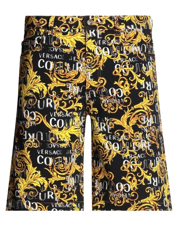 Versace Denim Shorts With Signature Print - Black