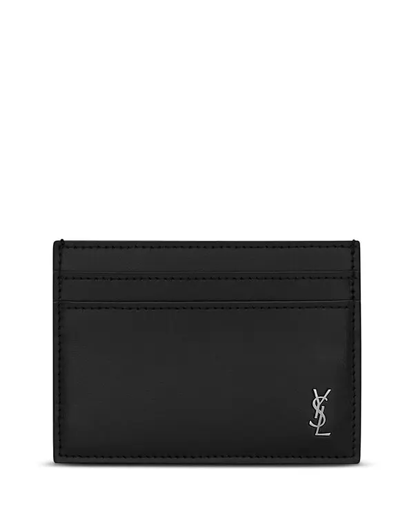 Saint Laurent Tiny Cassandre Card Case In Grained Leather - Black And Silver