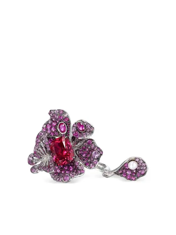 ANABELA CHAN 18kt White Gold Vermeil Ruby Peony Butterfly Ring - Red