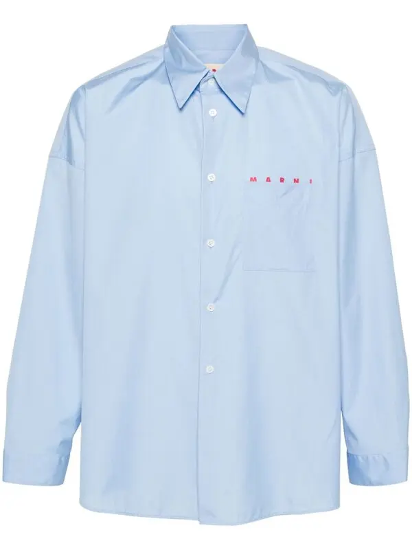 Marni Light Organic Poplin Shirt With Peeping Logo - Blue