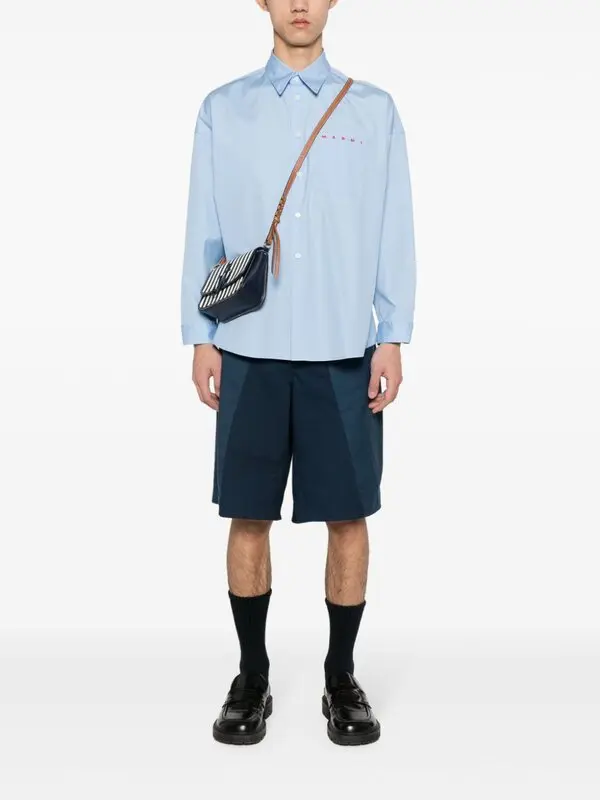 Marni Light Organic Poplin Shirt With Peeping Logo - Blue