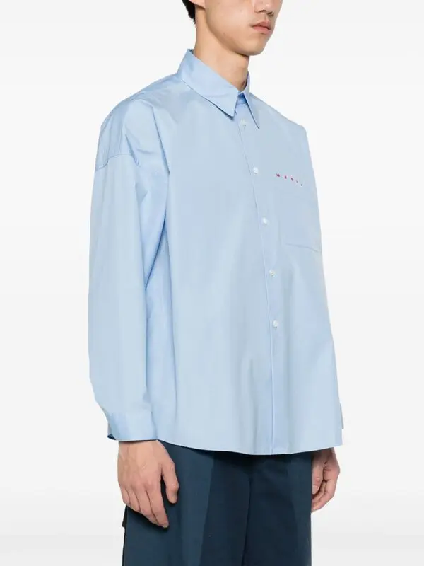 Marni Light Organic Poplin Shirt With Peeping Logo - Blue