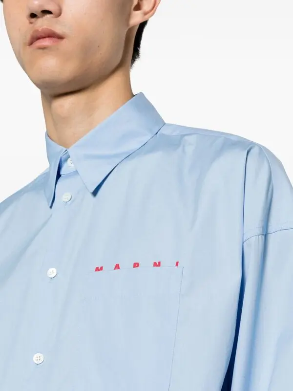 Marni Light Organic Poplin Shirt With Peeping Logo - Blue