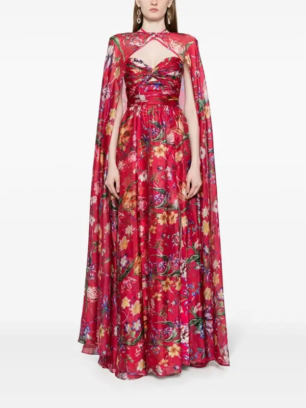 Marchesa Ribbon Floral-print Cape Gown