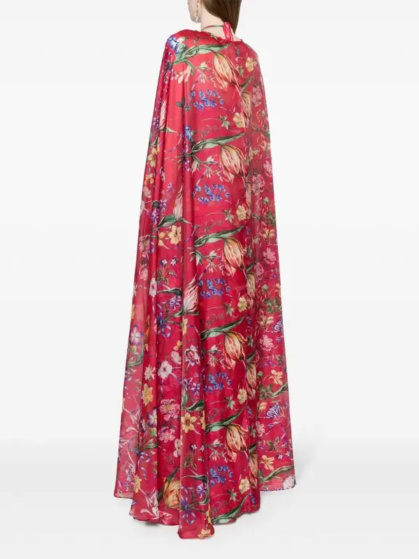 Marchesa Ribbon Floral-print Cape Gown