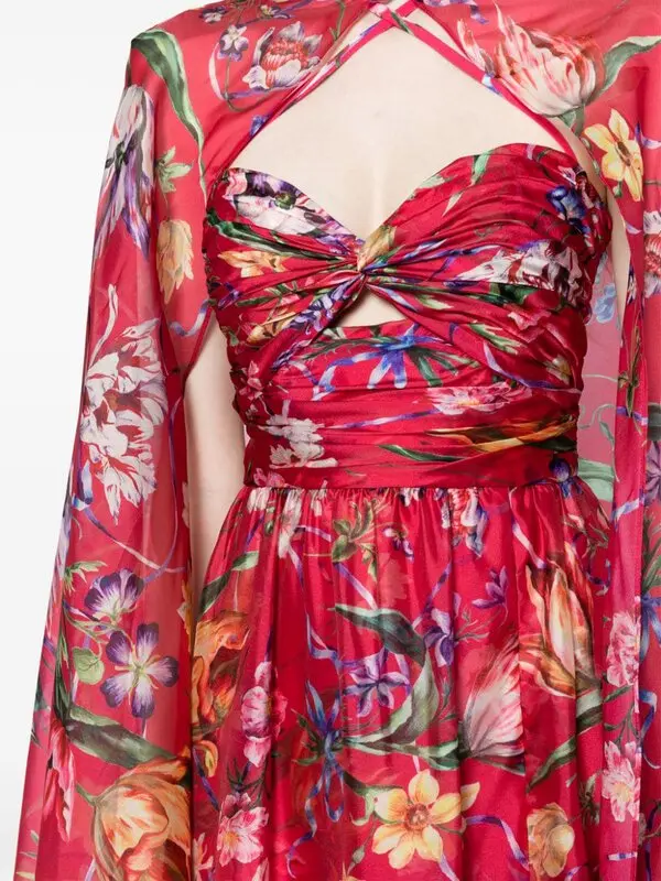 Marchesa Ribbon Floral-print Cape Gown