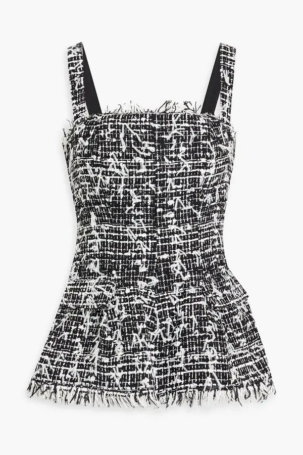 Oscar De La Renta Frayed Cotton-blend Tweed Peplum Top - Black