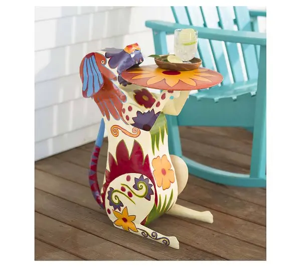 EVERGREEN Colorful Folk Art Metal Dog Side Tabl E - One-color