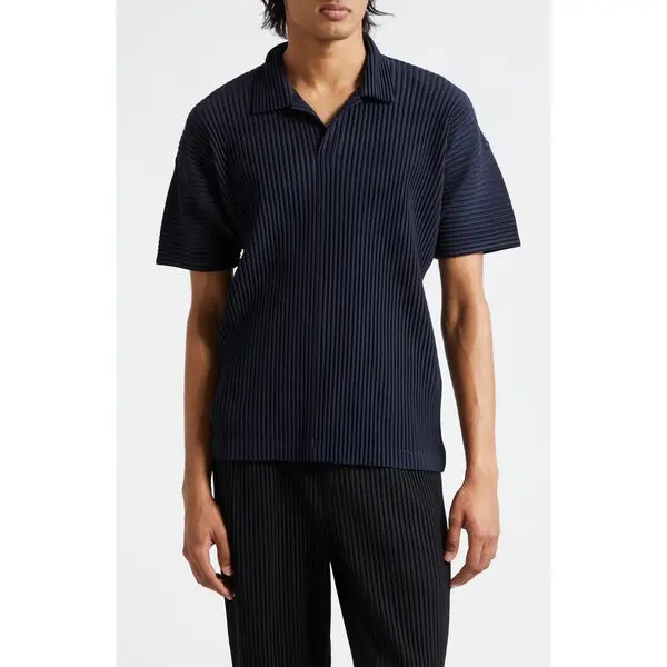 Issey Miyake Basics Pleated Polo - Navy