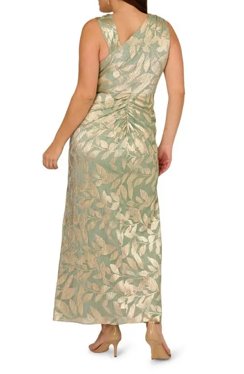 Adrianna Papell Asymmetric Metallic Foil Leaf Gown - Sage/Gold |  Editorialist