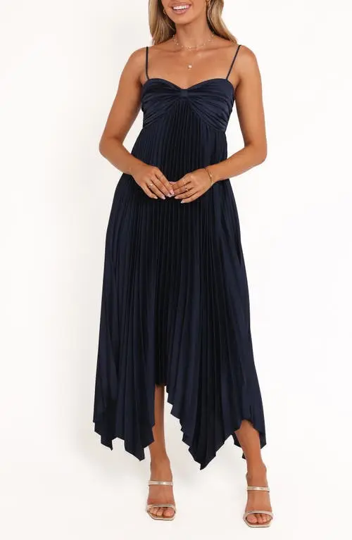 PETAL & PUP Vikki Pleated Satin Maxi Dress - Navy