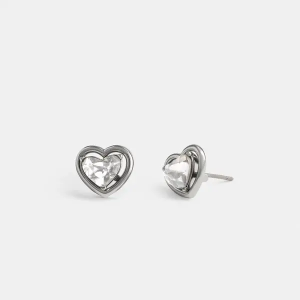 COACH Halo Heart Crystal Stud Earrings - Silver