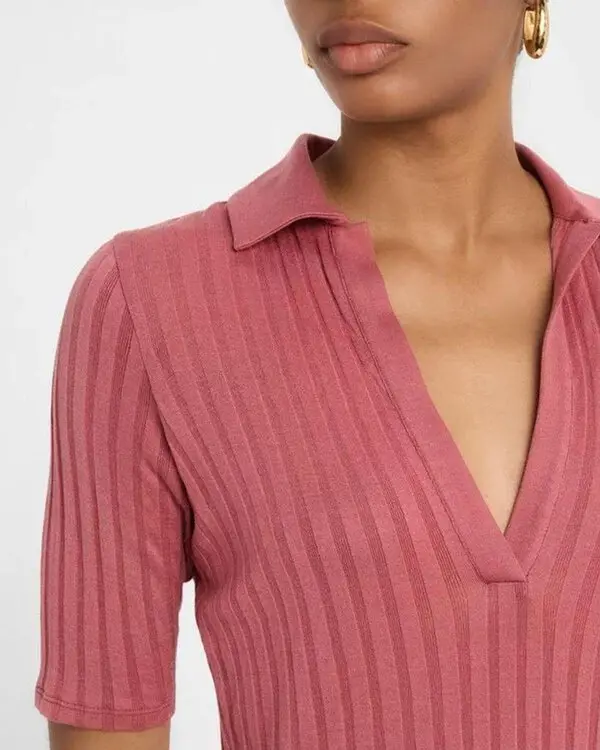 Vince Elbow-sleeve Silk Rib Polo Shirt - Pink